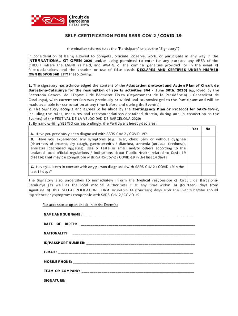 Fillable Online Self-Certification International Form SARS-CoV-2 ...