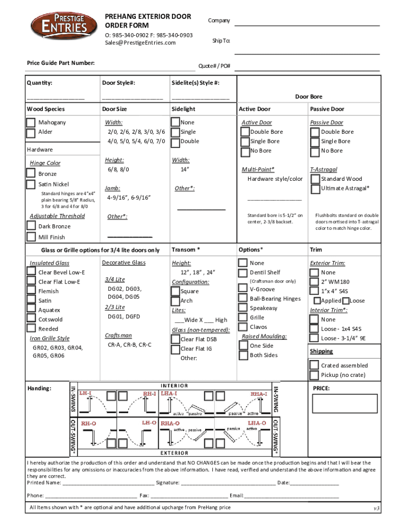 Fillable Online PREHANG EXTERIOR DOOR ORDER FORM - Prestige Entries Fax ...