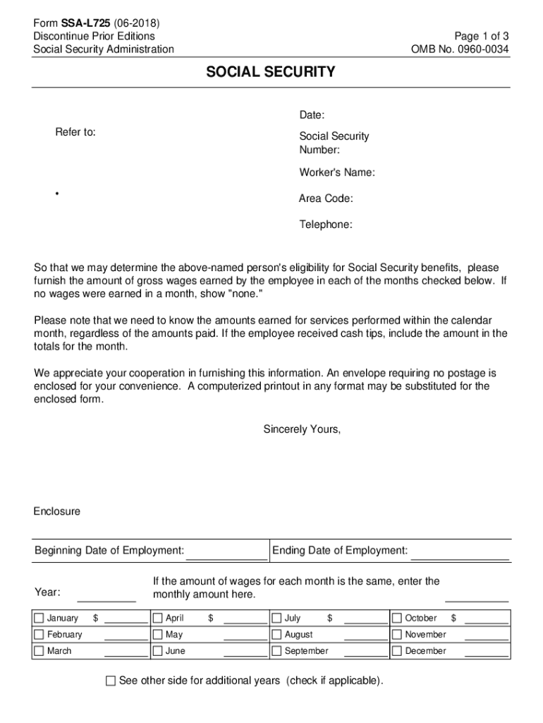 Fillable Online Form SSA L725 Letter to Employer Requesting Information ...