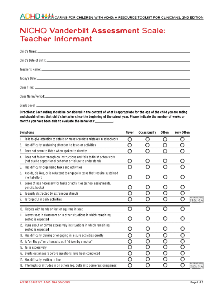 Fillable Online Vanderbilt Teacher Adhd - Fill Online, Printable ...