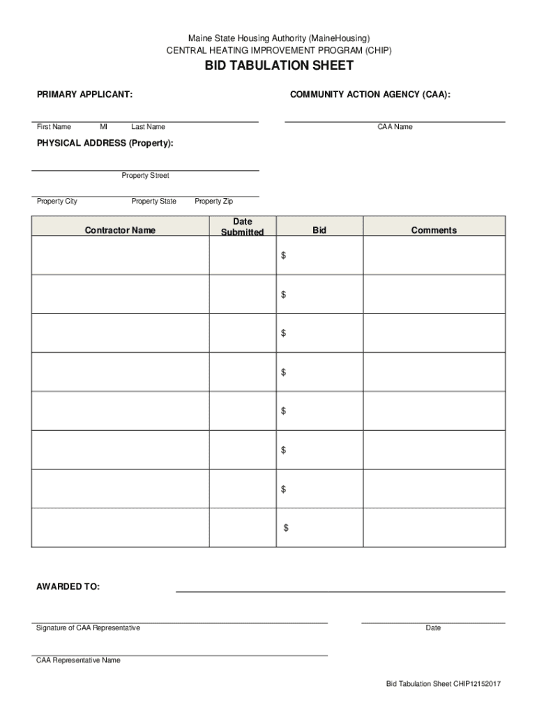 Fillable Online RAL HEATING IMPROVEMENT PROGRAM (CHIP) BID TABULATION SHEET Fax Email Print ...