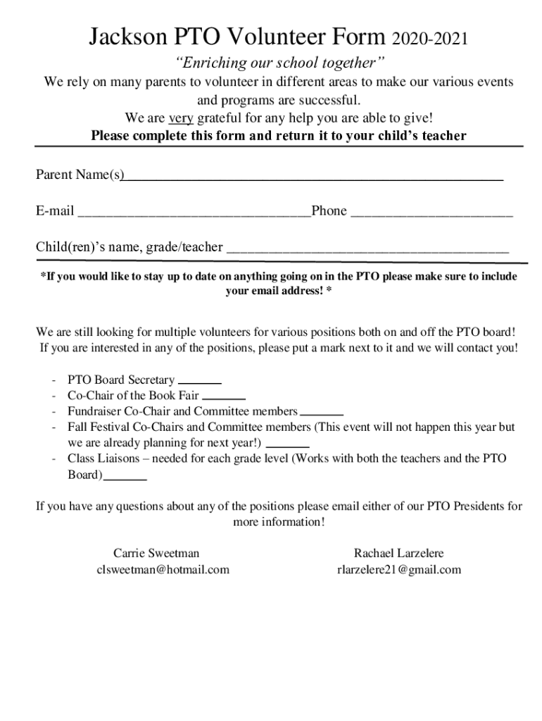 Fillable Online Parent Volunteer Form - PTO Today Fax Email Print ...
