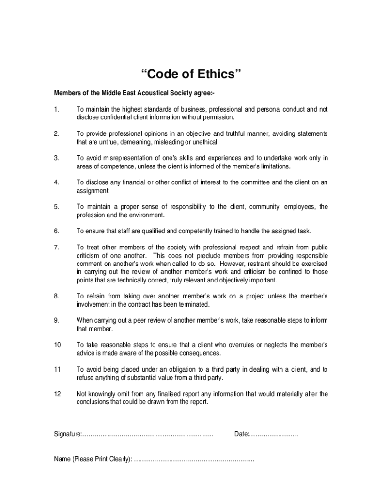 Fillable Online MEAS Code of Ethics Agreement Form Fax Email Print ...