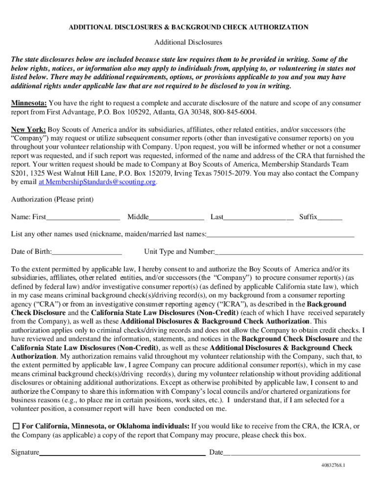 Fillable Online ADDITIONAL DISCLOSURES & BACKGROUND CHECK ...