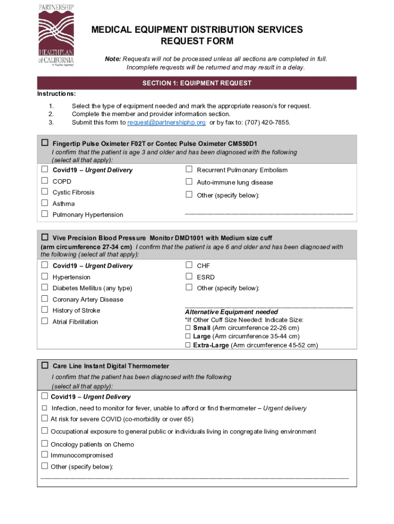 Fillable Online MEDICAL EQUIPMENT DISTRIBUTION SERVICES REQUEST FORM ...