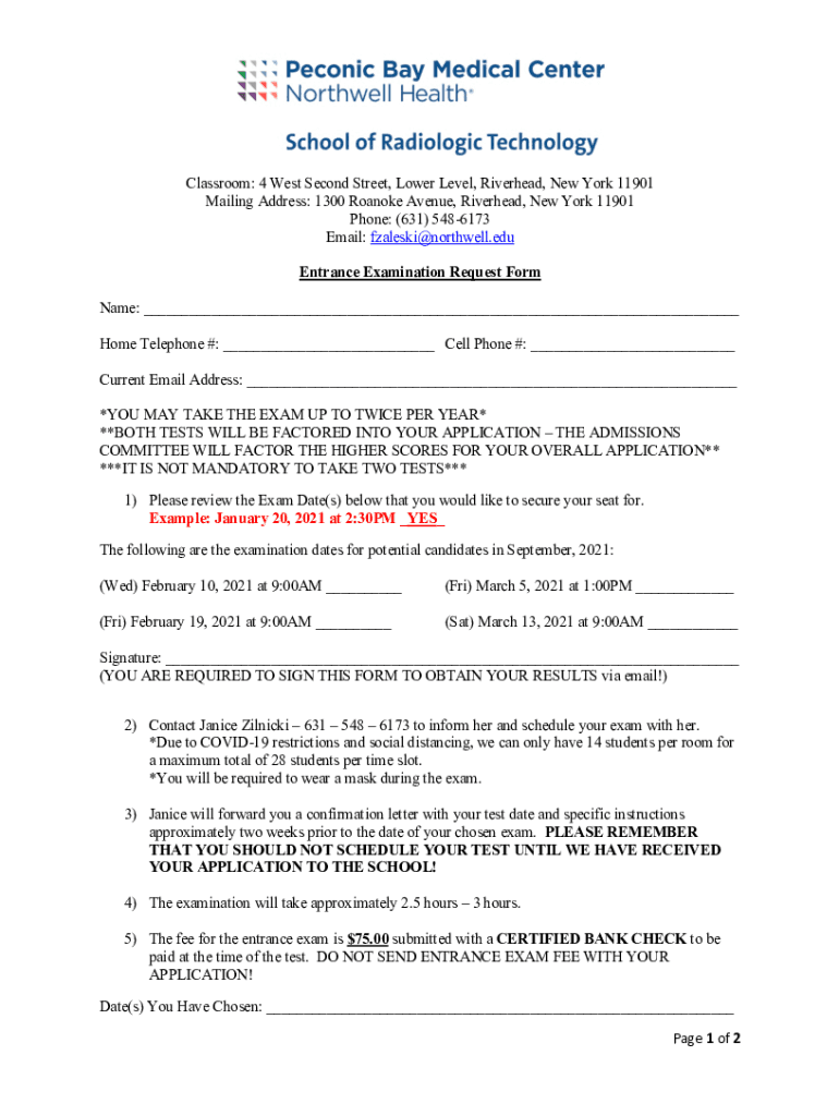 Fillable Online Entrance Examination Request Form - PBMC Health Fax ...