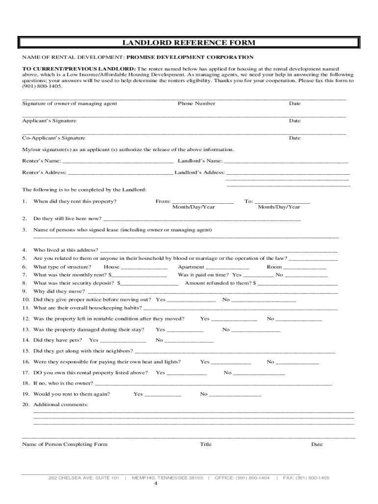 Fillable Online LANDLORD REFERENCE FORM - Promise Development ...