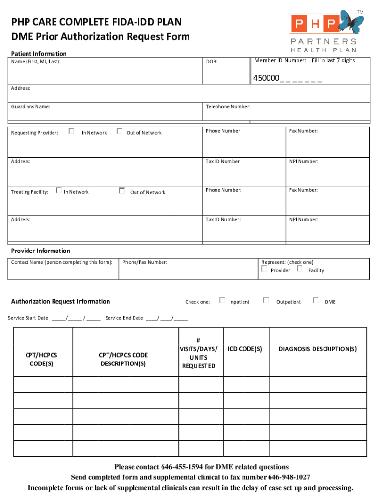 Fillable Online PHP CARE COMPLETE FIDA-IDD PLAN DME Prior Authorization ... Fax Email Print ...