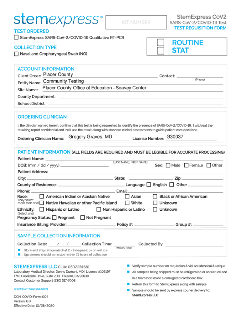 Fillable Online SARS-CoV-2 COVID19 Test Requisiiton FormDRAFTCOVID-Form ...