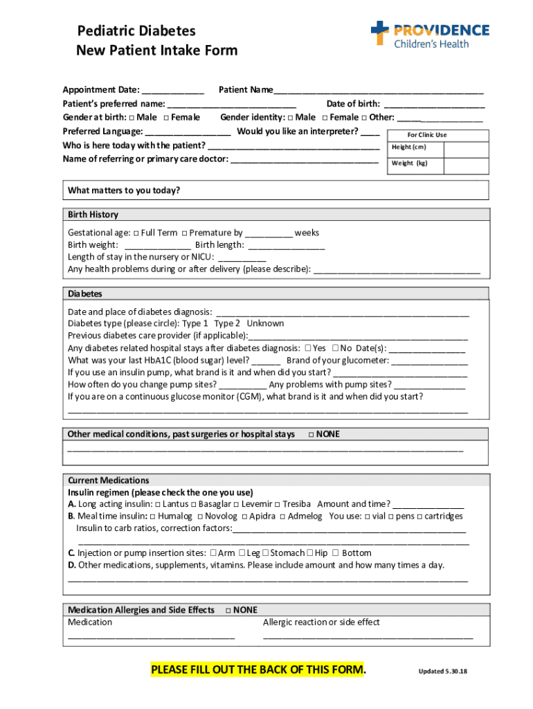 Fillable Online oregon providence Pediatric Diabetes Follow Up Intake ...