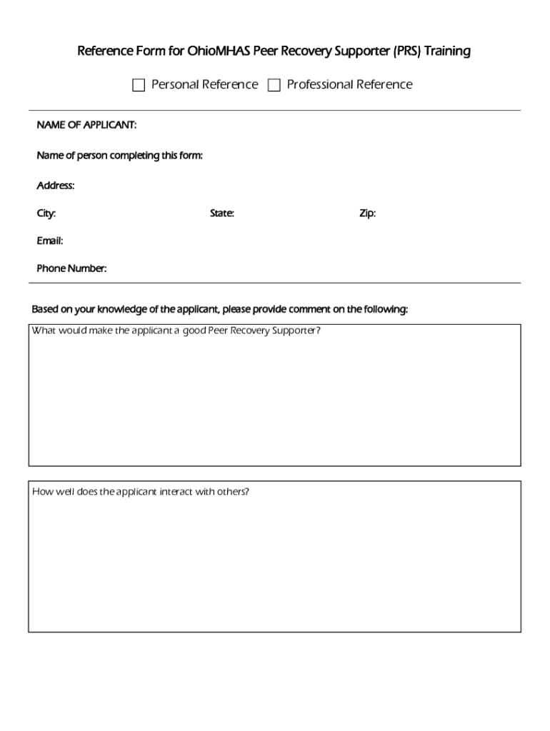 Fillable Online Reference Form OhioMHAS Peer Recovery Supporter ...