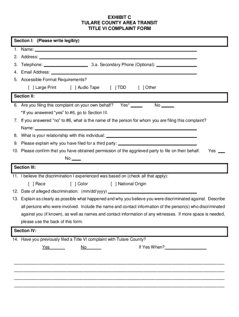 Fillable Online EXHIBIT C TULARE COUNTY AREA TRANSIT TITLE VI COMPLAINT ...