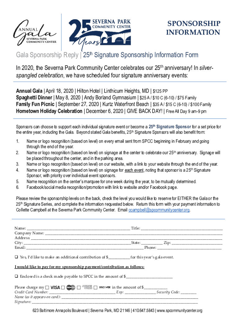 Fillable Online Gala Sponsorship Reply 25th Signature Sponsorship ...