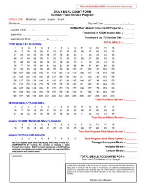 Fillable Online DAILY MEAL COUNT FORM Summer Food Service Program for ...