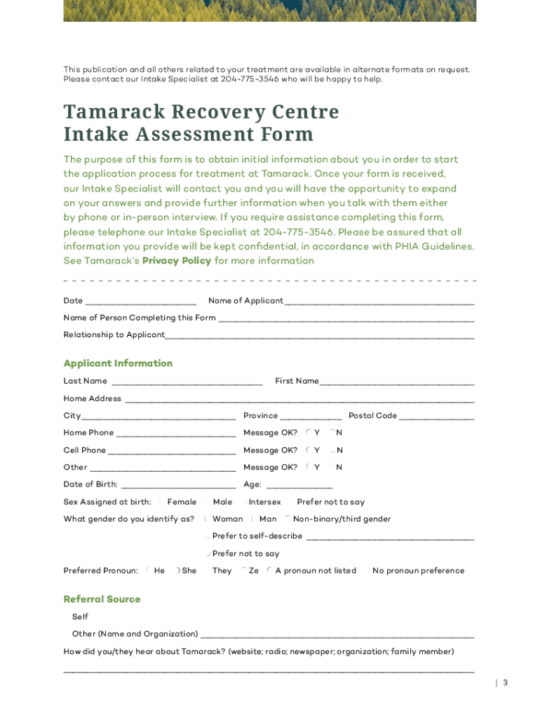 Fillable Online Intake Assessment Form - Tamarack Recovery Centre Fax ...