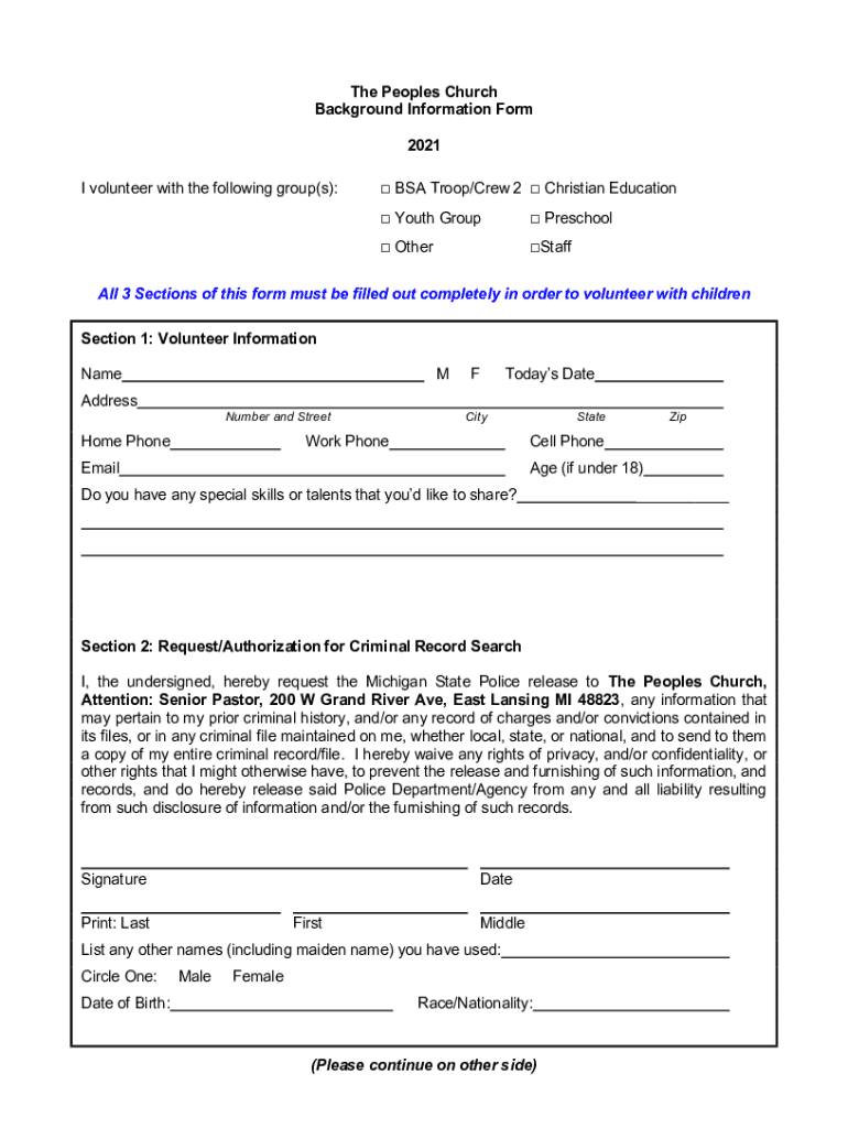 Fillable Online Peoples Church Background Check Form MASTER Fax Email ...