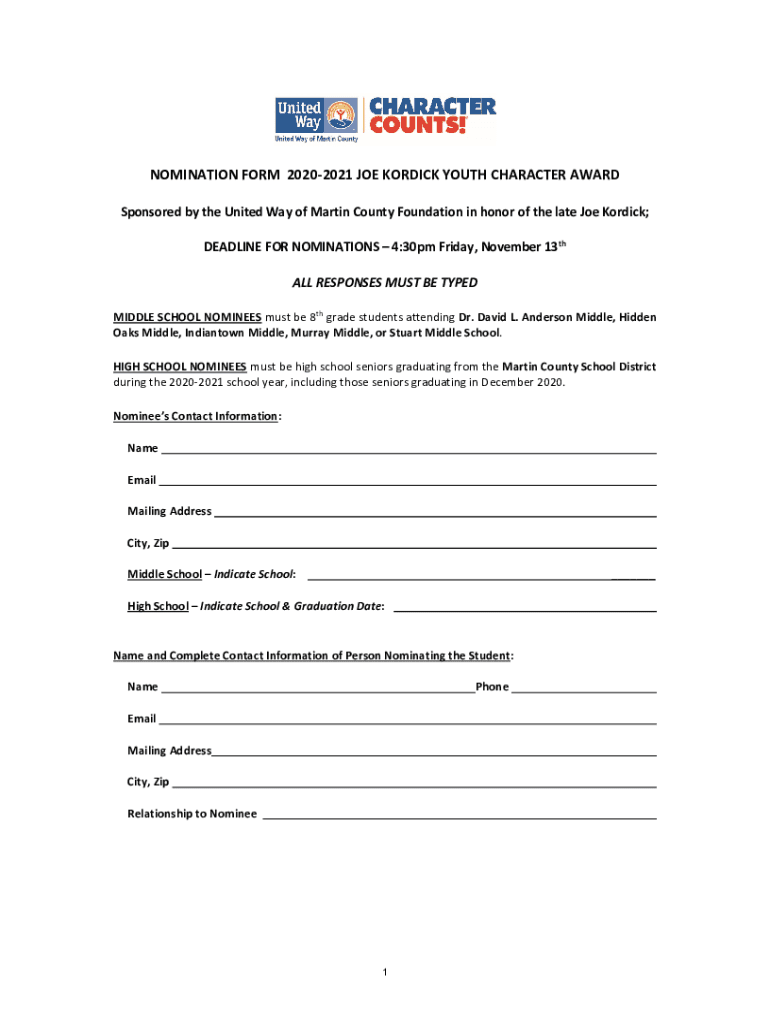 Fillable Online Nominate a student for an annual youth character award ...