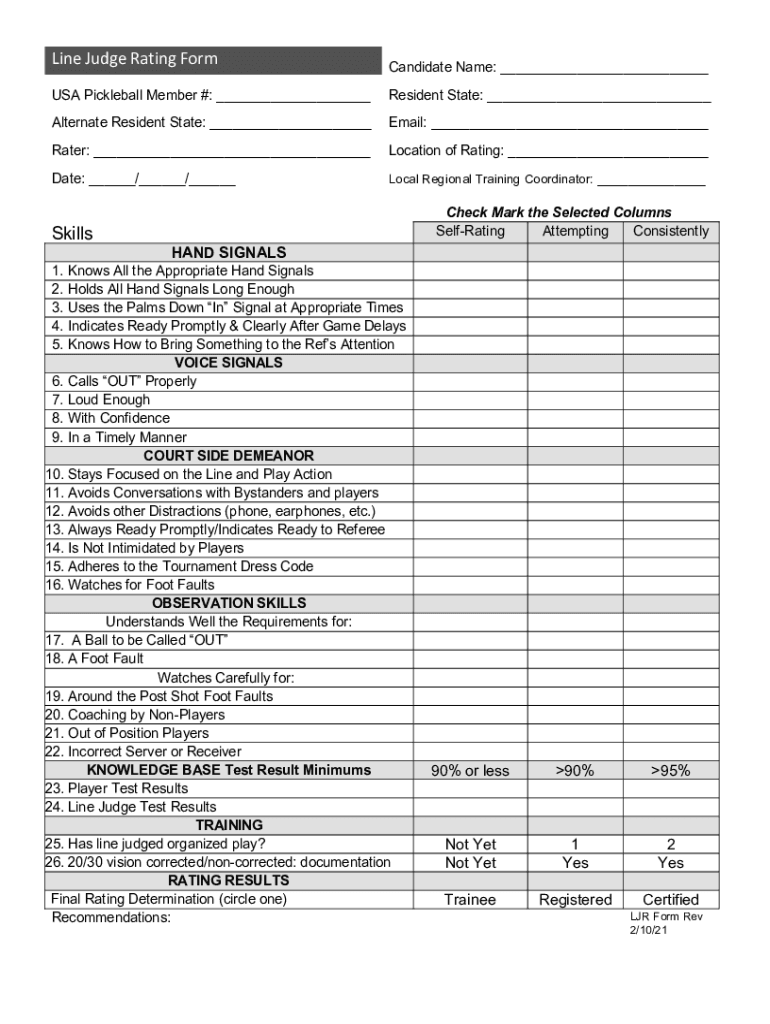Fillable Online Line Judge Rating Form - USA Pickleball Fax Email Print ...