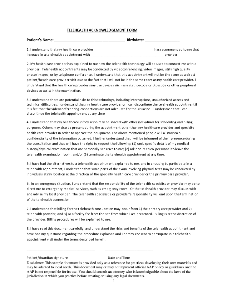 Fillable Online TELEHEALTH ACKNOWLEDGEMENT FORM Fax Email Print - pdfFiller