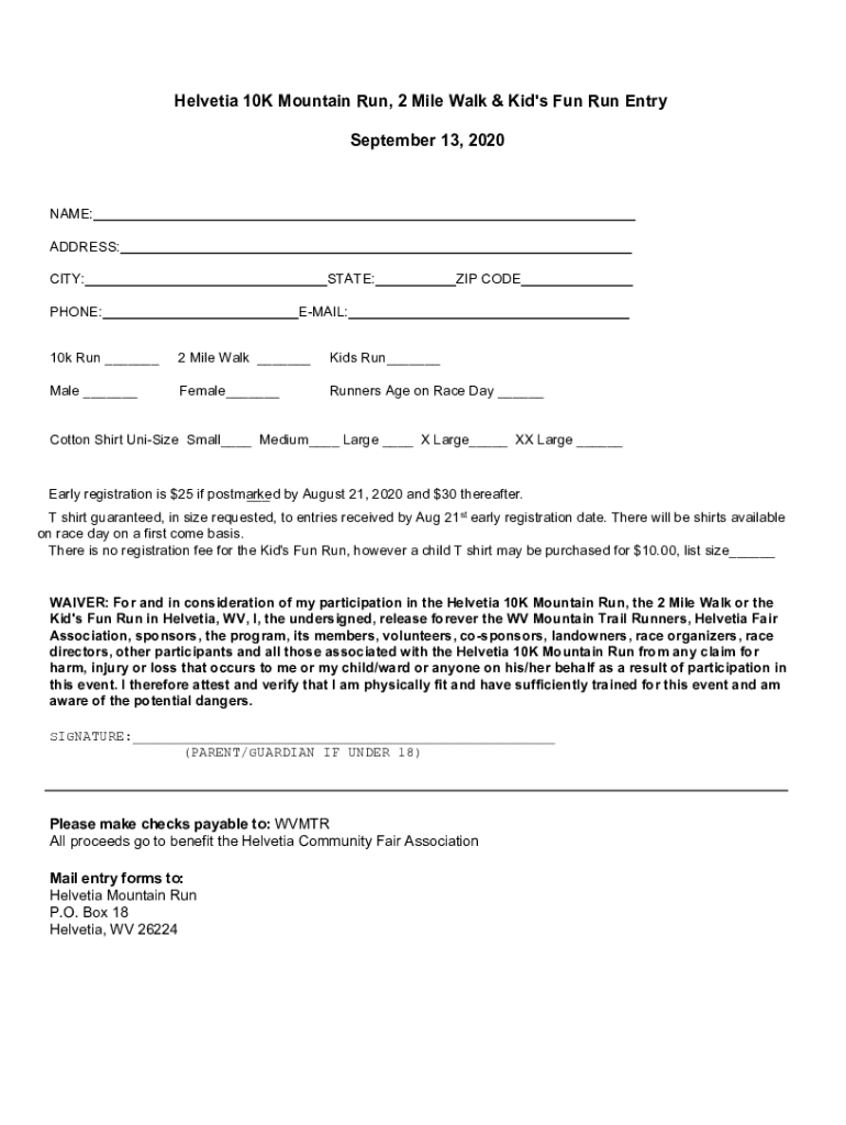 Fillable Online Helvetia 10K Mountain Run, 2 Mile Walk & Kid's Fun Run ...
