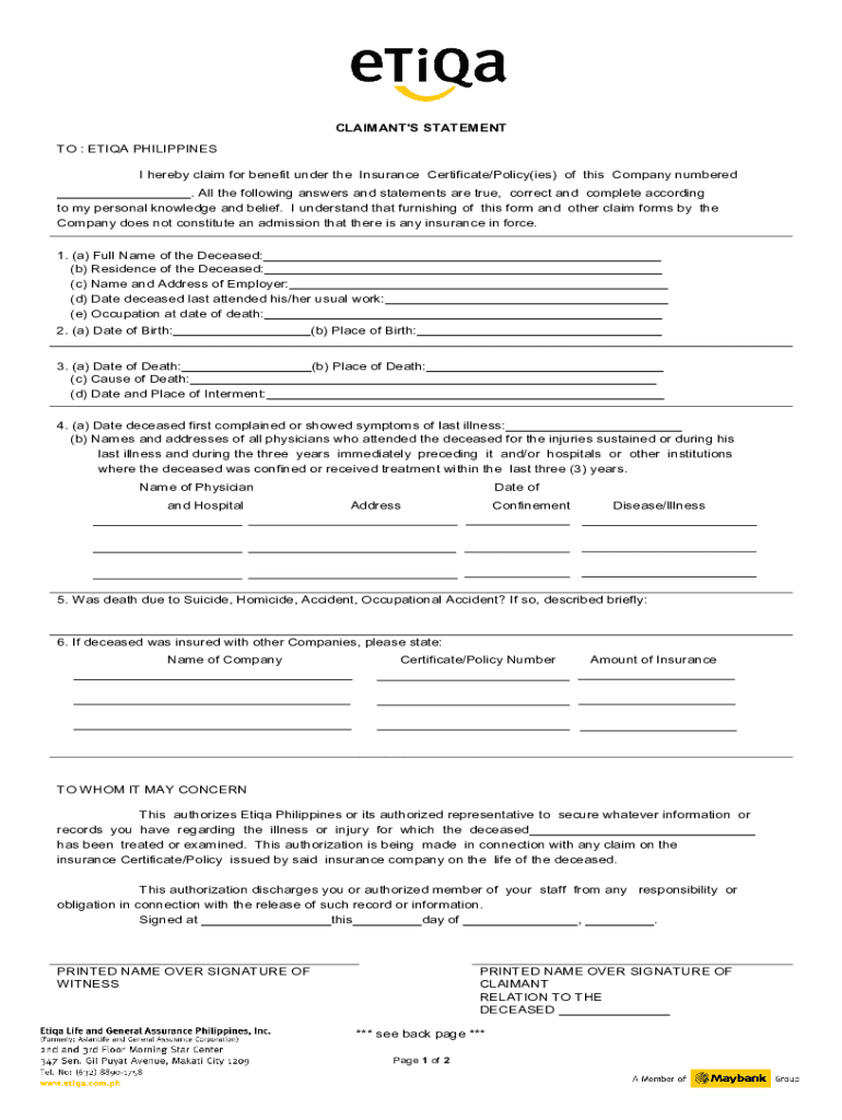 Fillable Online CLAIMANT'S STATEMENT - Etiqa Fax Email Print - pdfFiller