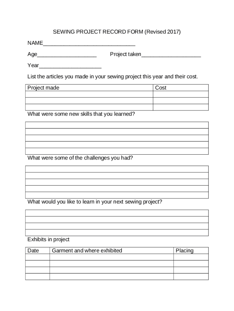 SEWING PROJECT RECORD (Revised 2017) Doc Template | pdfFiller