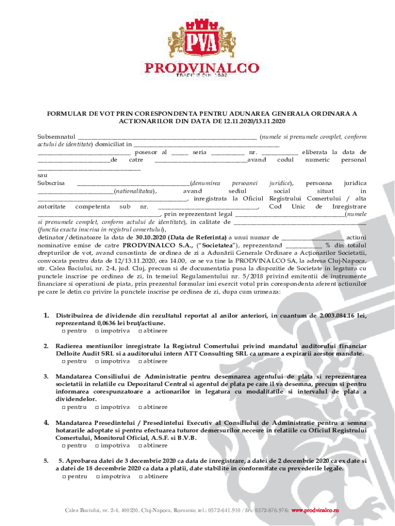 Fillable Online FORMULAR DE VOT PRIN CORESPONDENTA PENTRU ADUNAREA ...