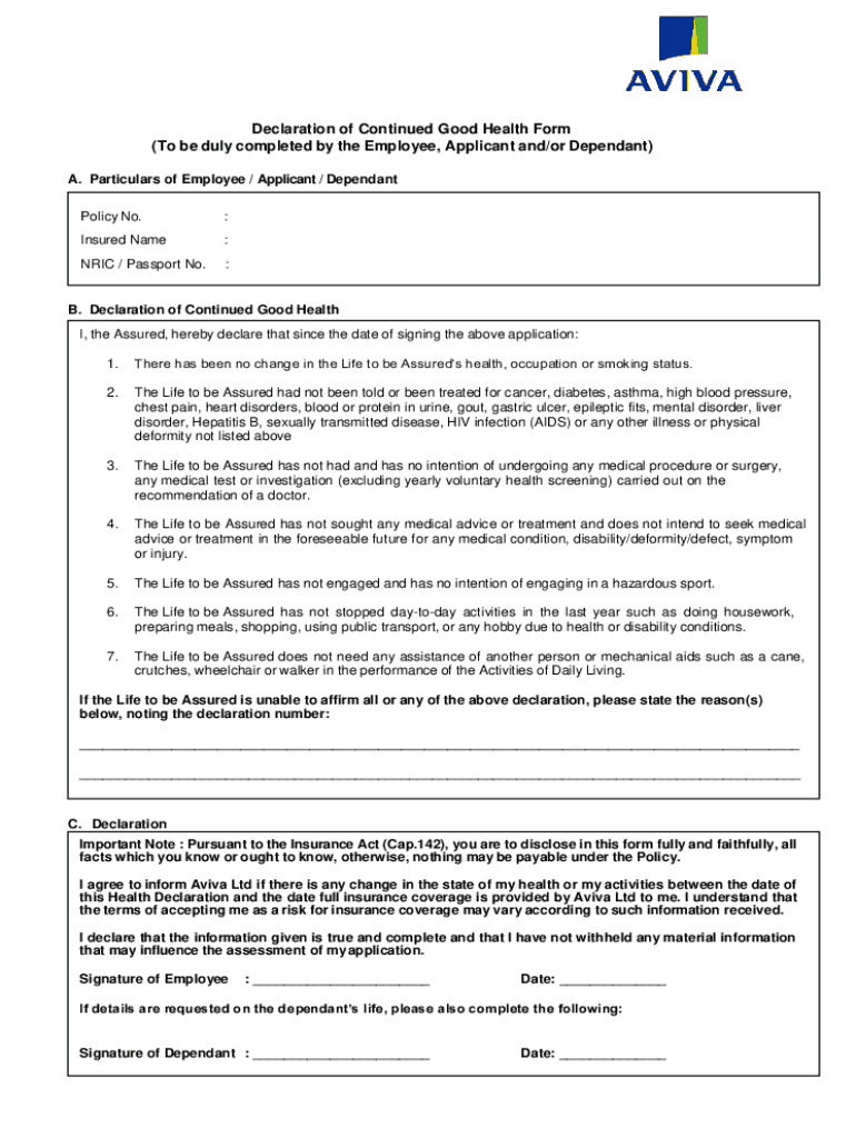 Fillable Online Declaration of Continued Good Health Form Fax Email ...