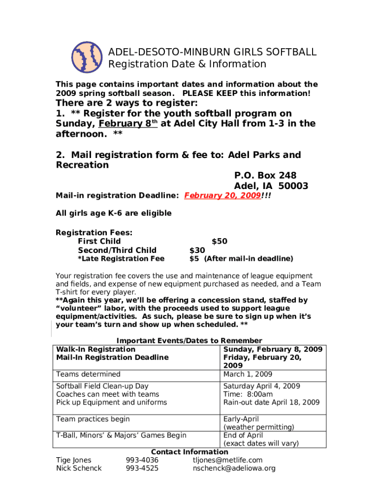 ADEL-DESOTO GIRLS SOFTBALL REGISTRATION Doc Template | pdfFiller
