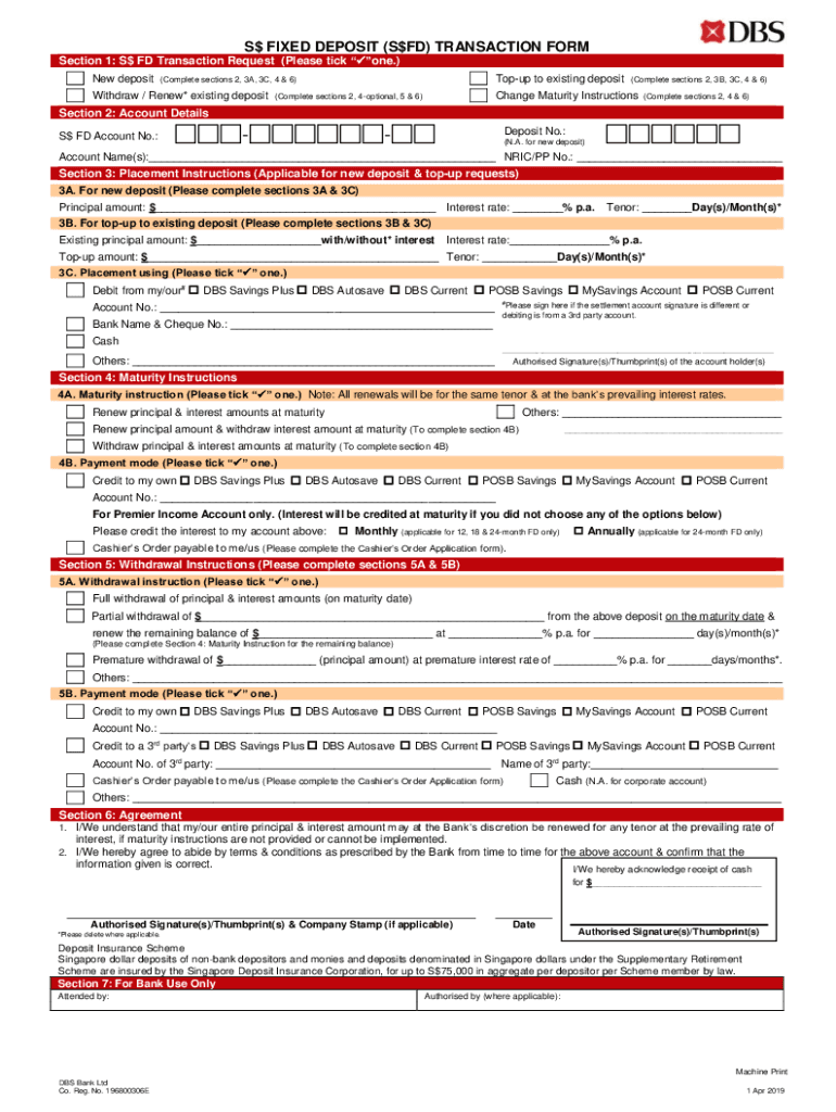Fillable Online S$ FIXED DEPOSIT (S$FD) TRANSACTION FORM - DBS Bank ...