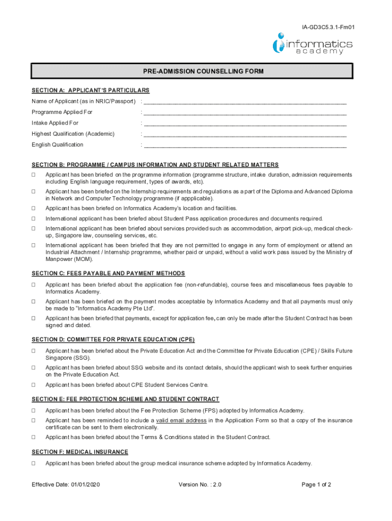 Fillable Online IA-GD3C5.3.1-Fm01 Pre-Admission Counselling Form v2.0 Fax Email Print - pdfFiller