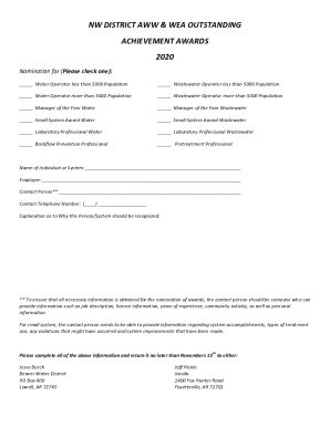 Fillable Online 2020 Award Nomination Form - AWW&WEA - Arkansas Water Works ... Fax Email Print ...