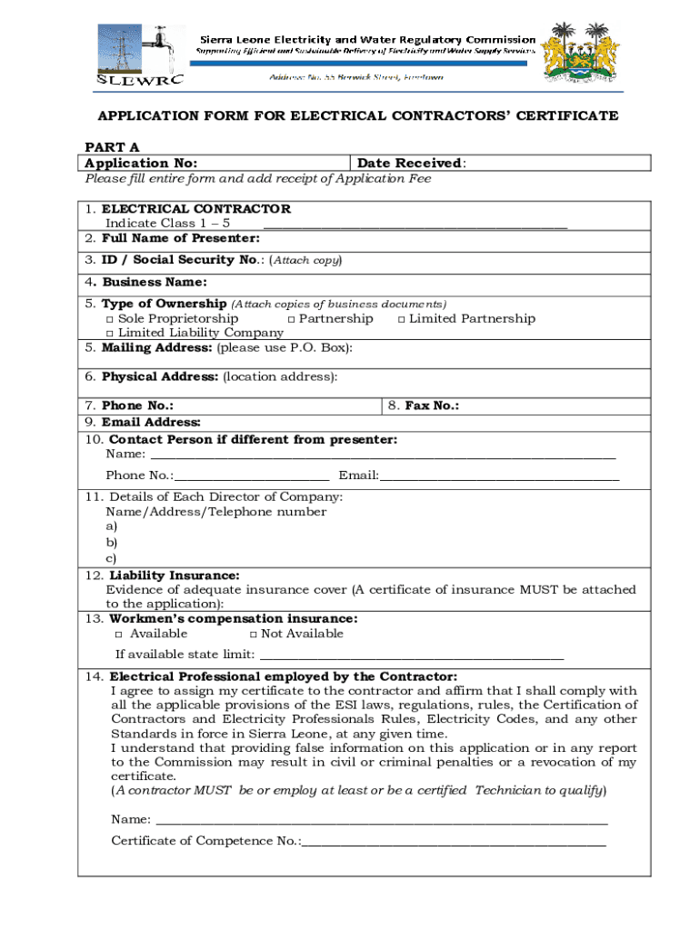 Fillable Online APPLICATION FORM FOR ELECTRICAL CONTRACTORS CERTIFICATE ...