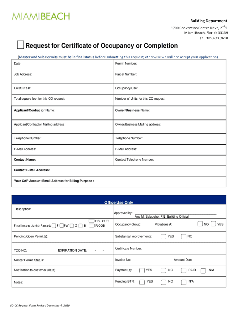 Fillable Online Fillable Online Request for Certificate of Occupancy or ...