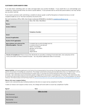 Fillable Online CUSTOMER COMPLIMENTS FORM Fax Email Print - pdfFiller