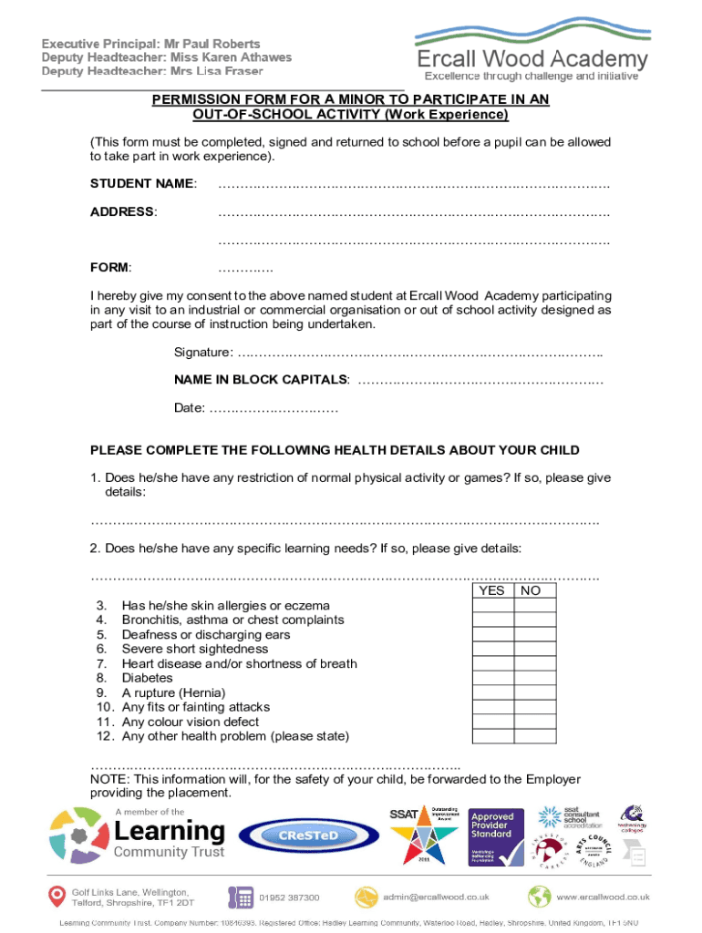 Fillable Online Permission to Work Form for Minors - Sample ...
