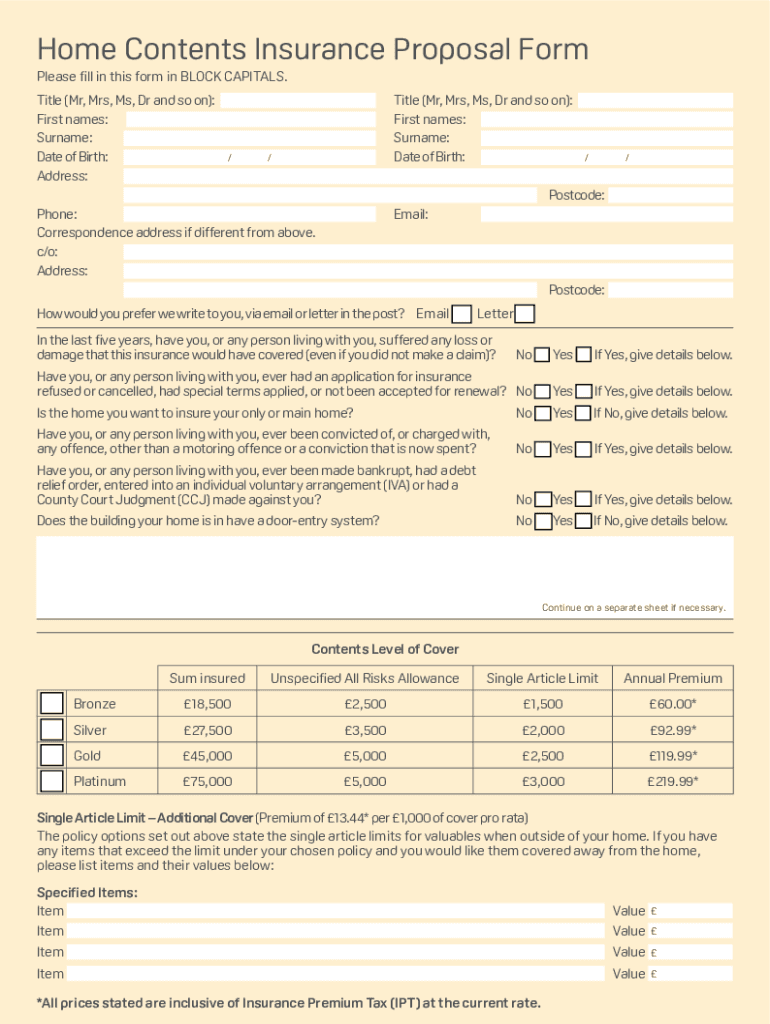 Fillable Online Home Contents Insurance Proposal Form Fax Email Print ...