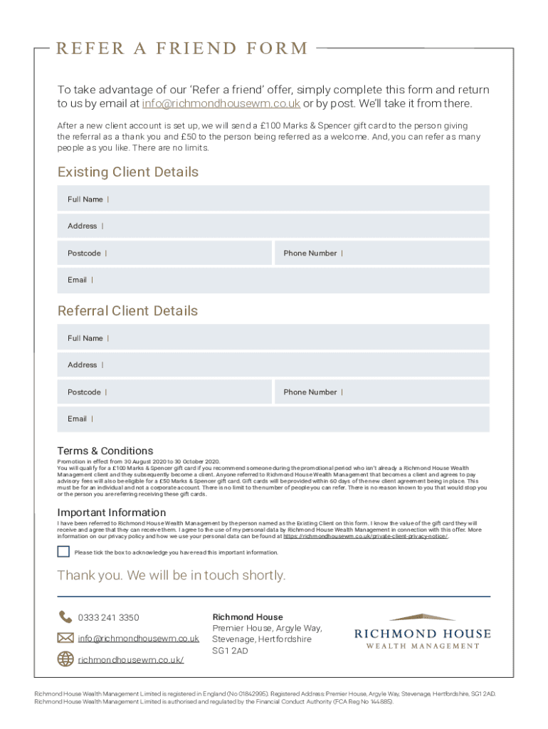 Fillable Online REFER A FRIEND - richmondhousecs.co.uk Fax Email Print ...