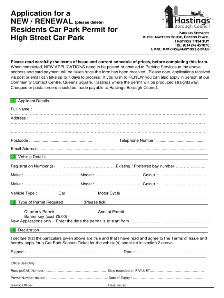 Fillable Online High Street Car Park Permit - 2018 Application Form Fax ...