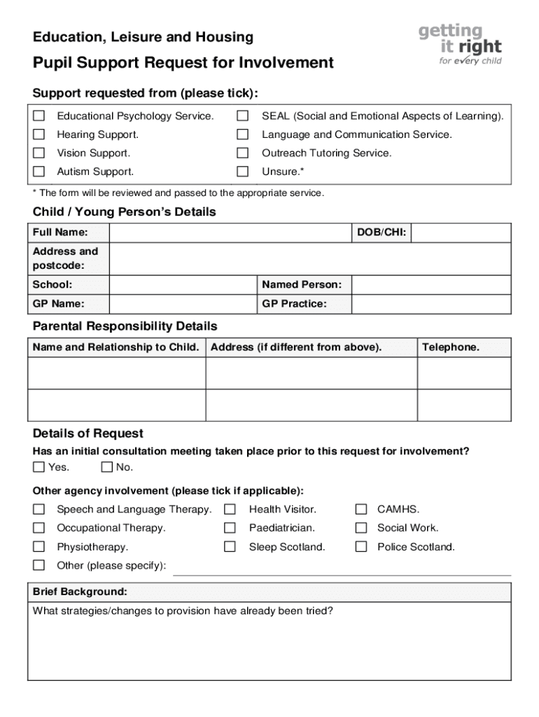 Fillable Online Pupil Support Request for Involvement Form. Pupil ...
