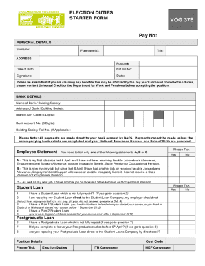 Fillable Online New Starter Election Duties Application Form Fax Email ...