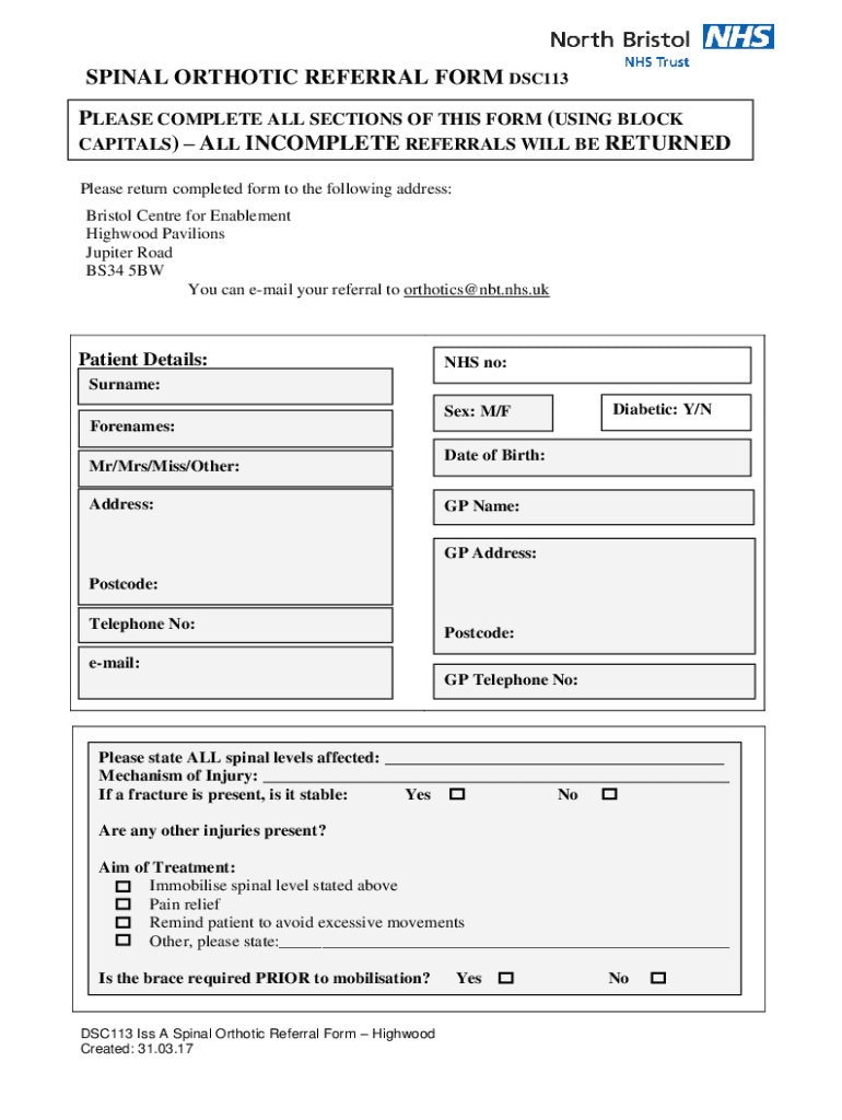 Fillable Online PDF DSC113C Spinal Orthotic Referral Form Iss A.pdf Fax ...