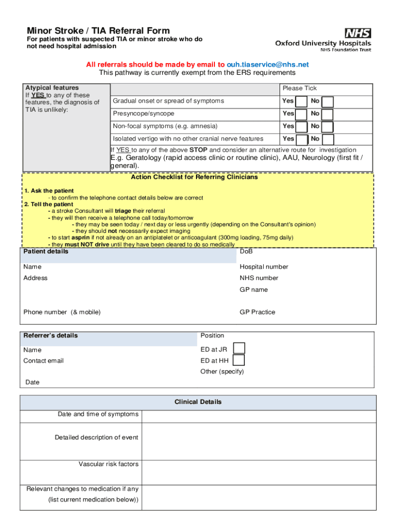 Fillable Online Minor Stroke / TIA Referral Form - Churchill Hospital ...