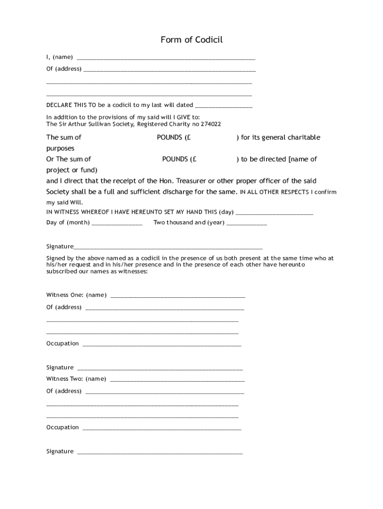 Fillable Online sullivansociety org SAMPLE CODICIL - Planned GivingHow ...