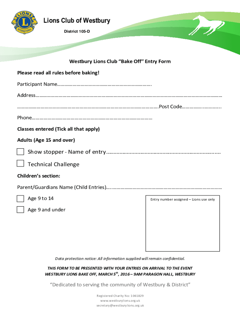 Fillable Online Westbury Lions Bake Off Entry Form Fax Email Print Fillable Online Westbury Lions Bake Off Entry Form Fax Email Print