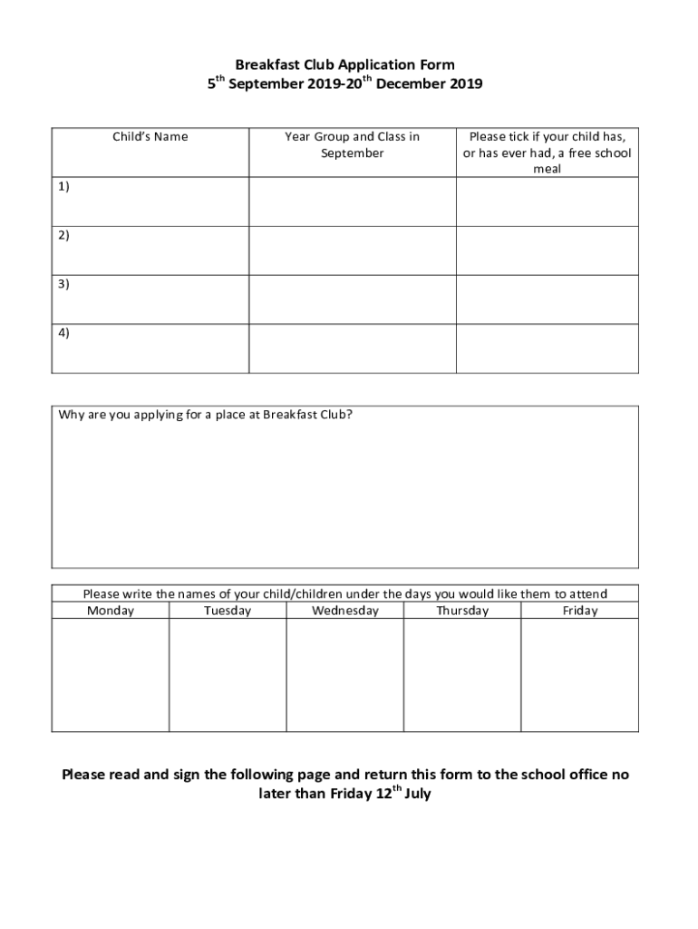 Fillable Online Breakfast Club Registration Form - St John's C. E ...