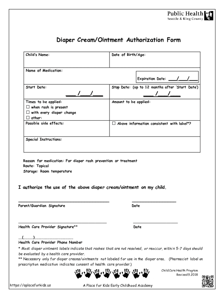 Fillable Online Diaper Cream/Oinment Authorization Form - King County ...