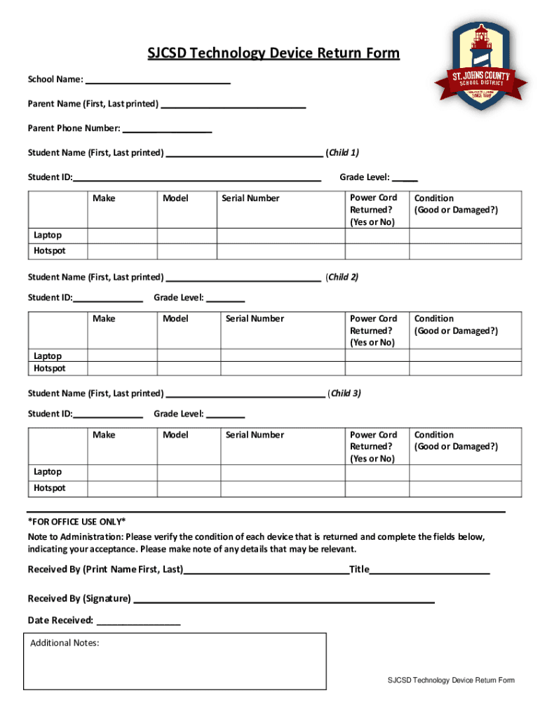 Fillable Online SJCSD Technology Device Return Form - St. Johns County ...