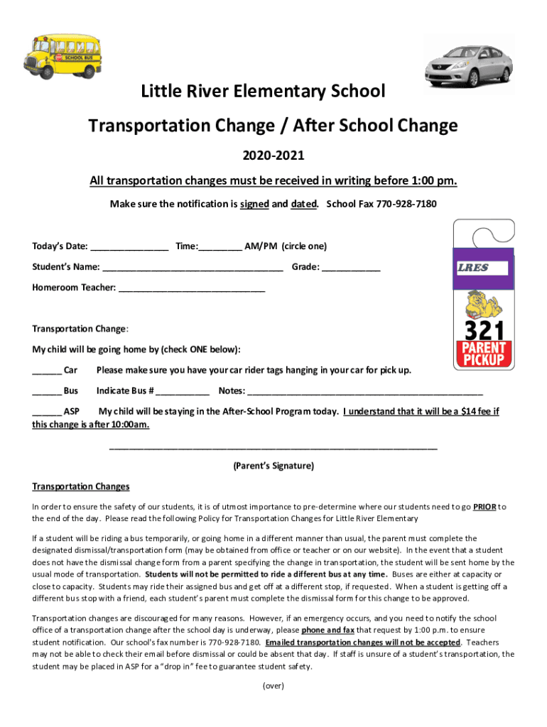 Fillable Online Little River Elementary School Transportation Change ...