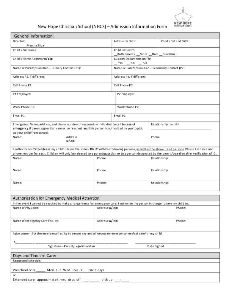 Fillable Online Admission Information 1 Fax Email Print - pdfFiller